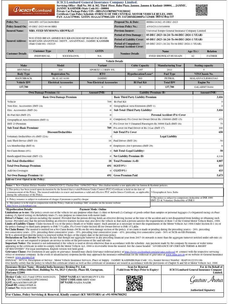 Hyundai i10 2011 Insurance Details | PDF