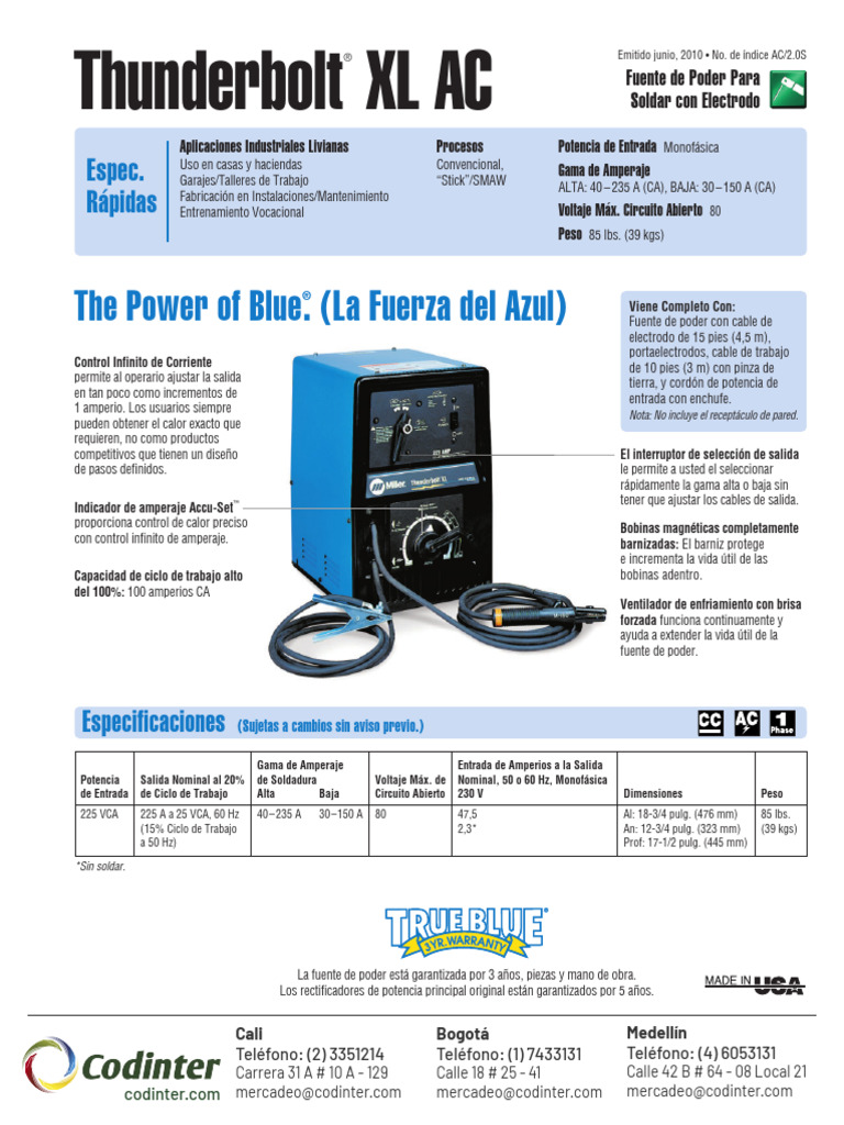 Ficha Tecnica Maquina Soldar Miller Thunderbolt XL 225 Co | PDF | Soldadura | Construcción