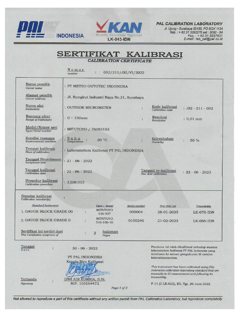 Sertifikat Revisi Logo KAN Dan Tanggal Penerimaan Alat | PDF