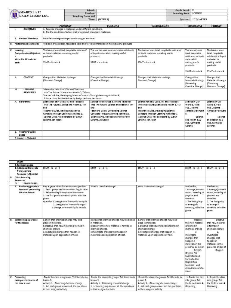 DLL - Science 5 - Q1 - W3 | PDF | Rust | Combustion