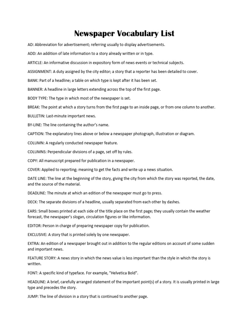 Vocabulary List News Ads | PDF | Newspapers | Typefaces
