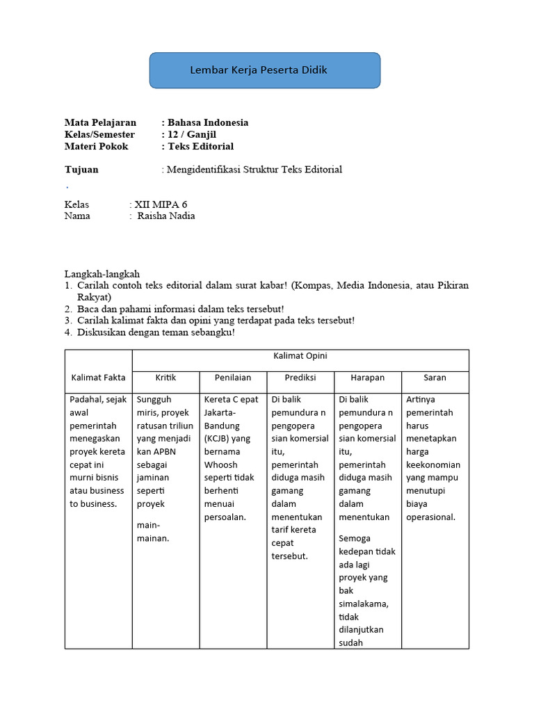 LKPD Menemukan Fakta Dan Opini Dalam Teks Editorial | PDF