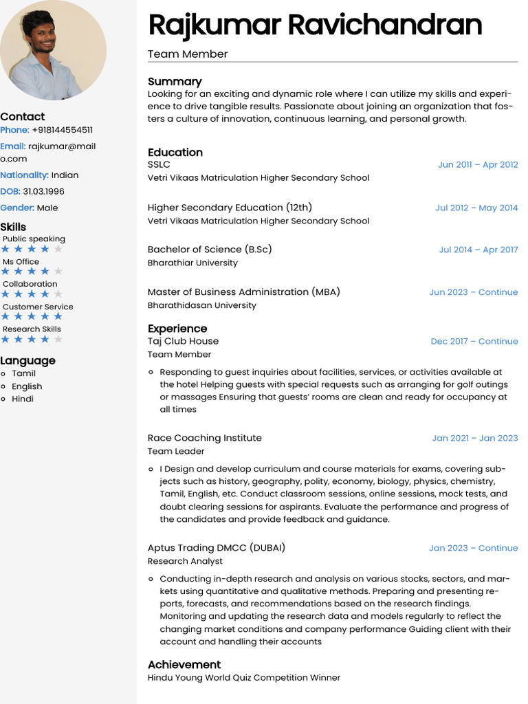 Rajkumar Resume 910 | PDF | Master Of Business Administration | Science