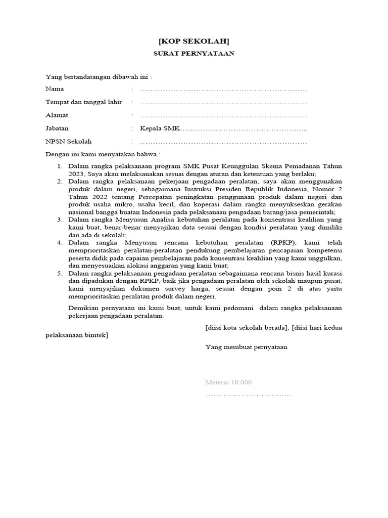 6. draft SURAT PERNYATAAN PENGGUNAAN PDN | PDF