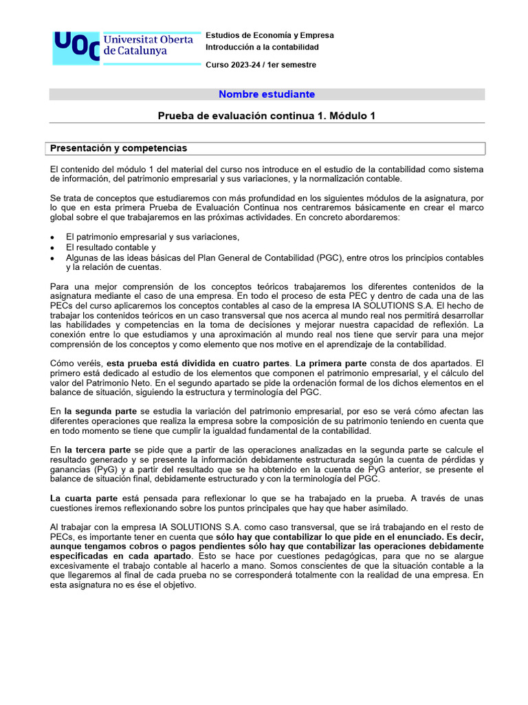 Intr. Cont. - PEC 1 | PDF | Contabilidad | Hoja de balance