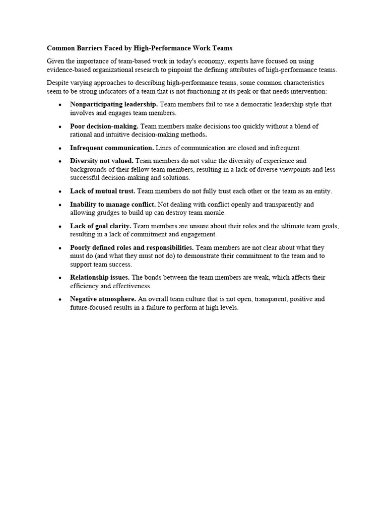Common Barriers Faced by High-Performance Work Teams | PDF