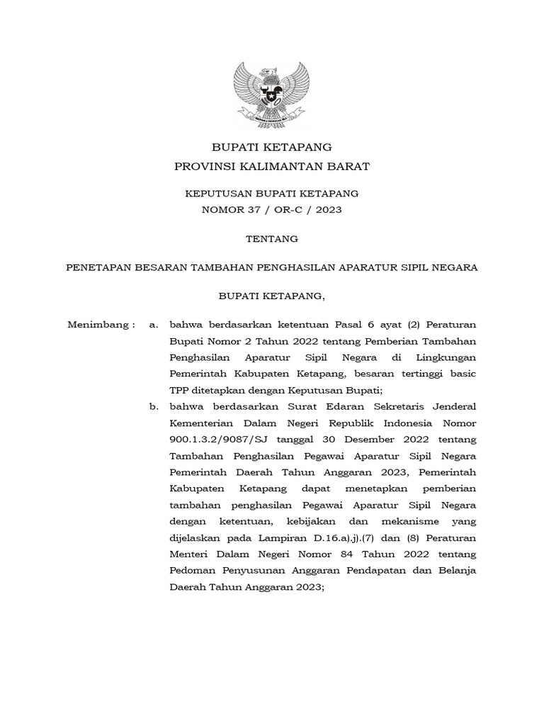 SK Bup NO. 37 2023 Besaran TPP | PDF