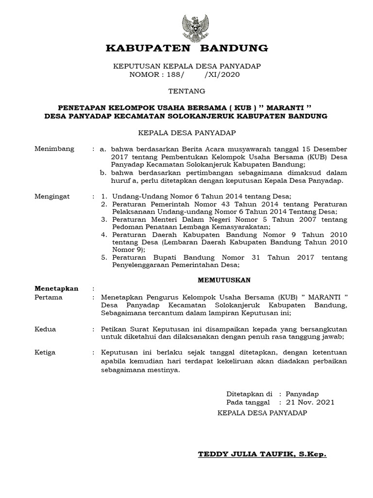 Penetapan KUB Maranti Desa Panyadap | PDF