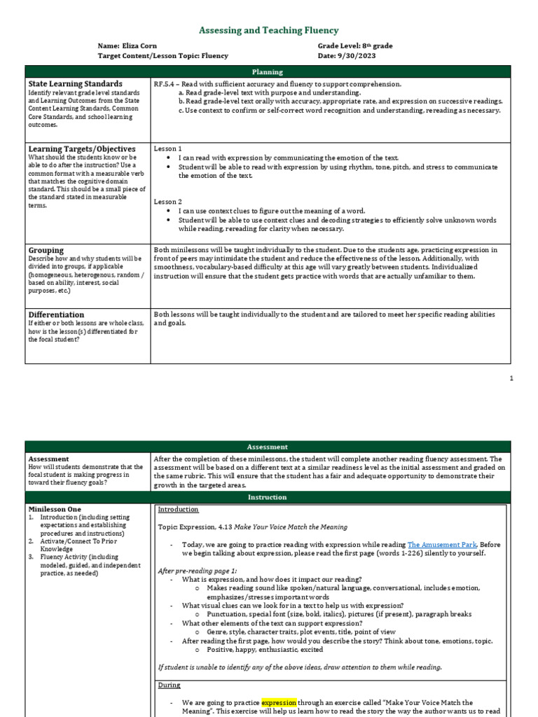 Fluency Minilessons-Pages | PDF | Reading Comprehension | Learning