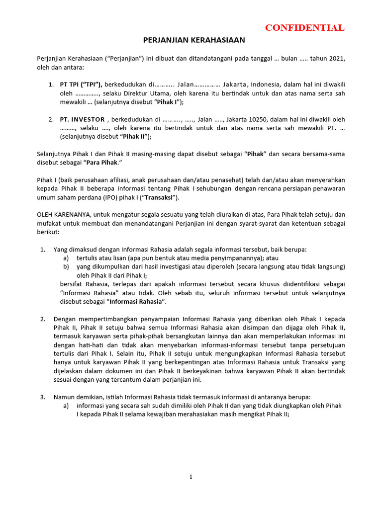 Contoh Perjanjian Kerahasiaan NDA | PDF | Hukum