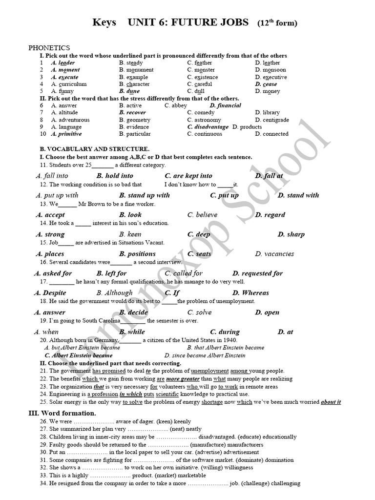 Keys UNIT 6 Bai Tap Bo Sung | PDF