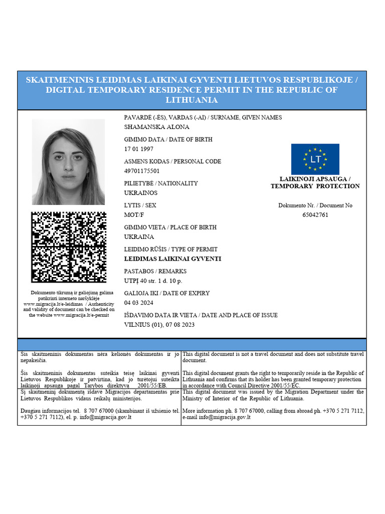 Skaitmeninis Leidimas Laikinai Gyventi Lietuvos Respublikoje / Digital ...
