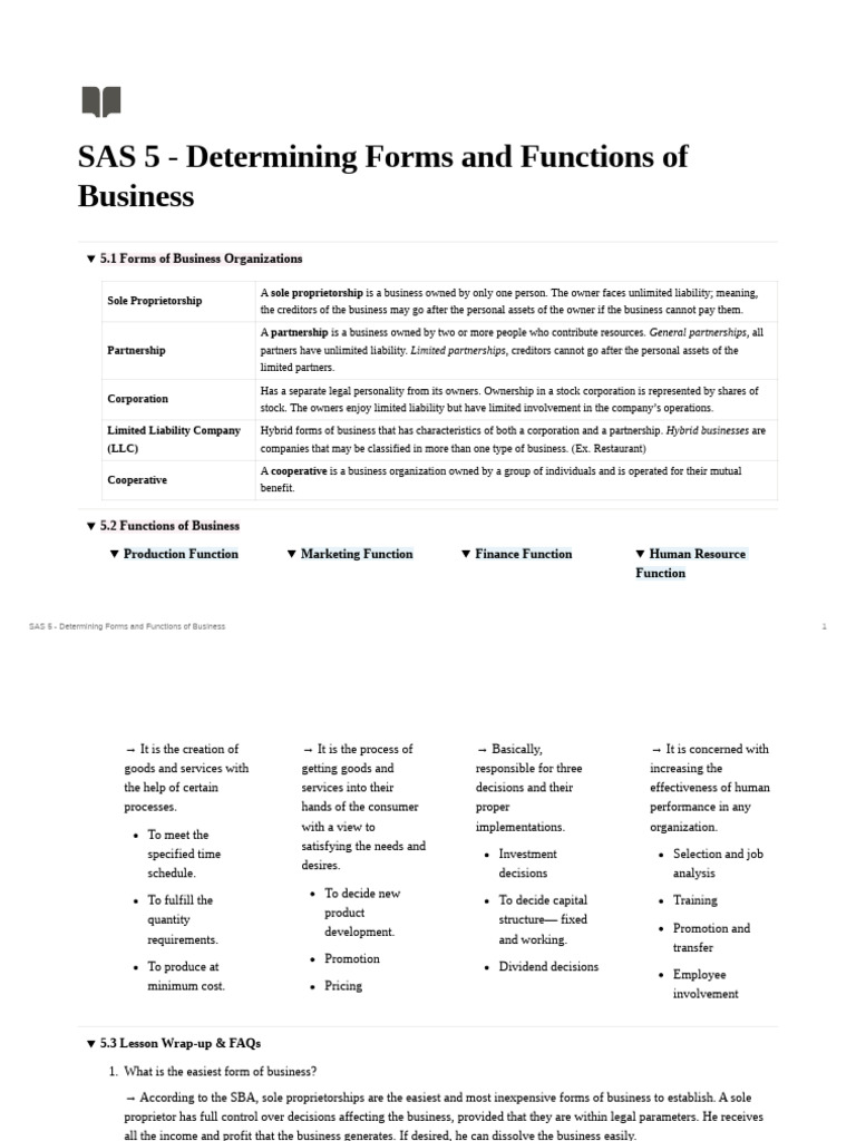 (APP 004) SAS 5 - Determining Forms and Functions of Business | PDF ...