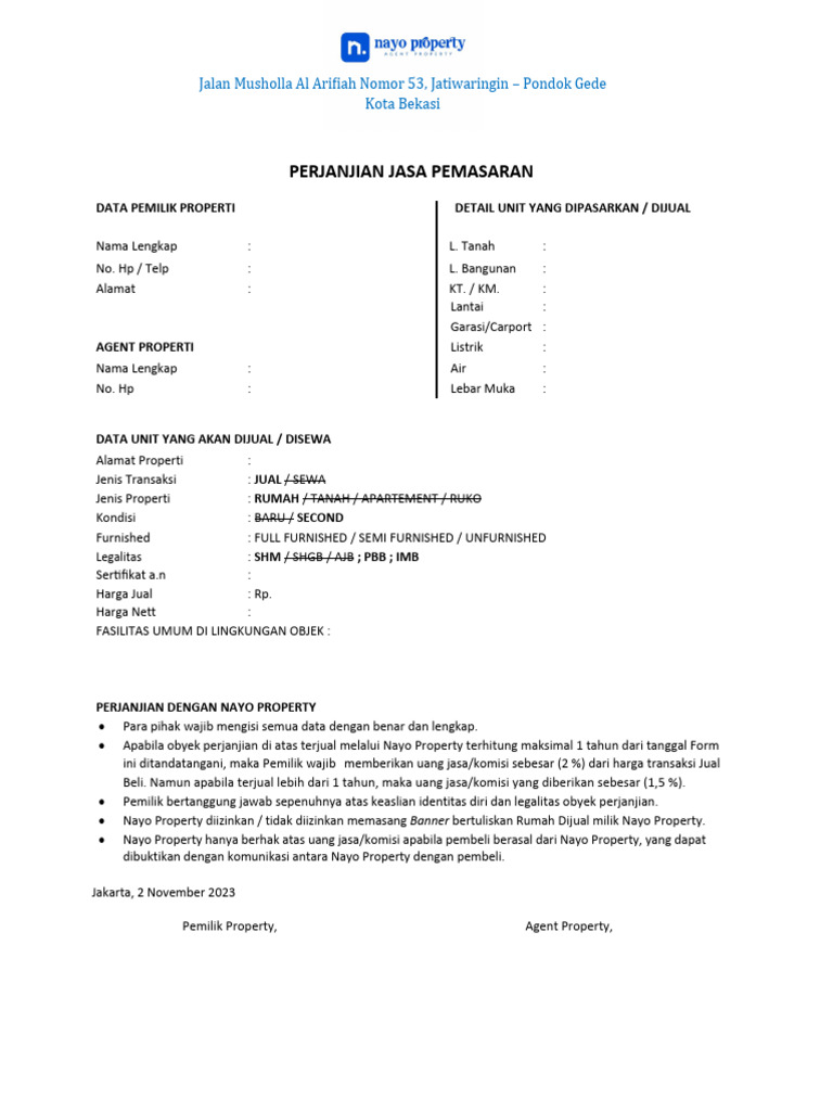 Draft Form Perjanjian Pemasaran Unit | PDF