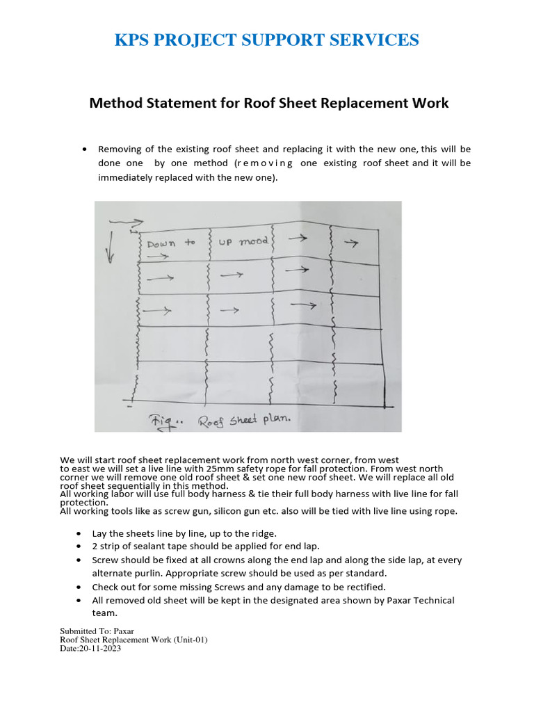 Method Statement For Roof Sheet Replacement Work | PDF