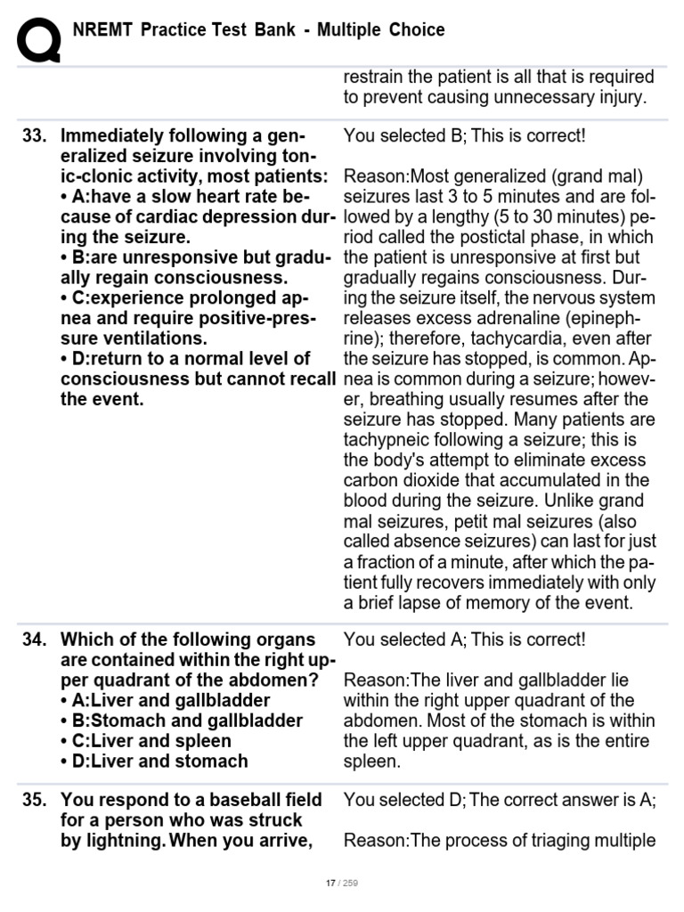 NREMT Practice Test Bank - 4q Multiple Choice-17 | PDF | Liver | Heart