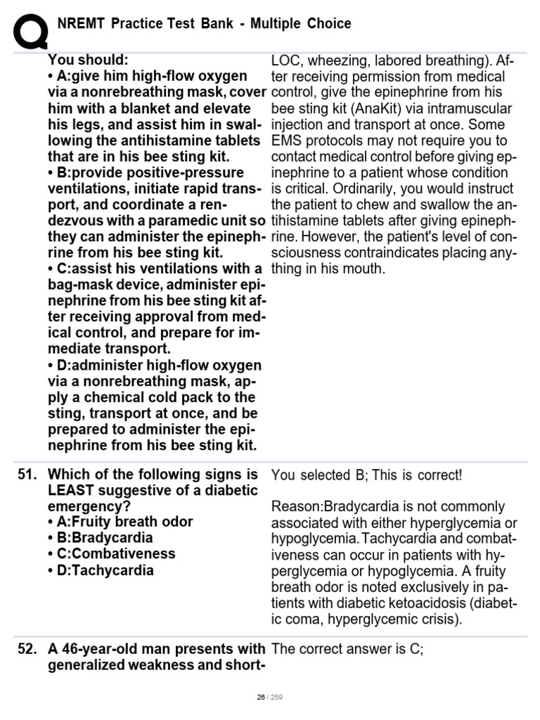 NREMT Practice Test Bank - 4q Multiple Choice-26 | PDF