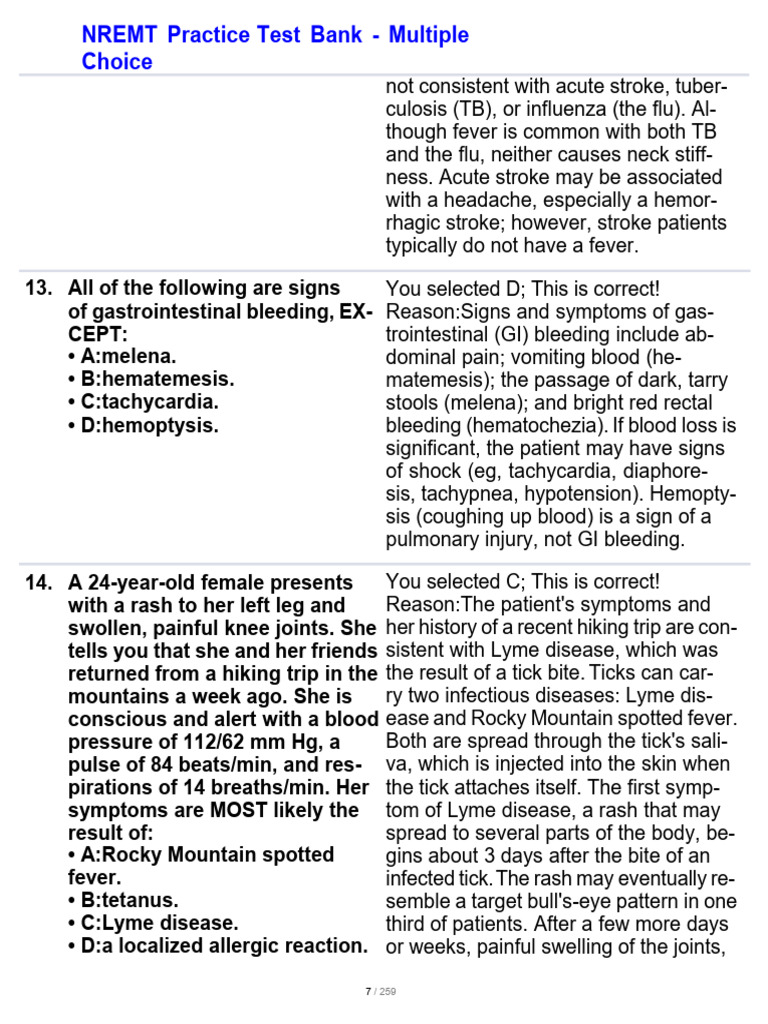 NREMT Practice Test Bank - 4q Multiple Choice-7 | PDF | Lyme Disease ...