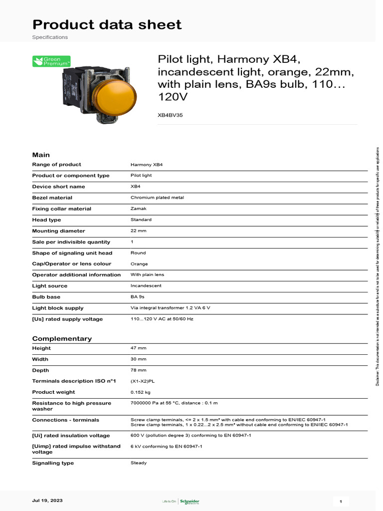 Harmony XB4 - XB4BV35 Indication Lamp Orange | PDF | Incandescent Light ...