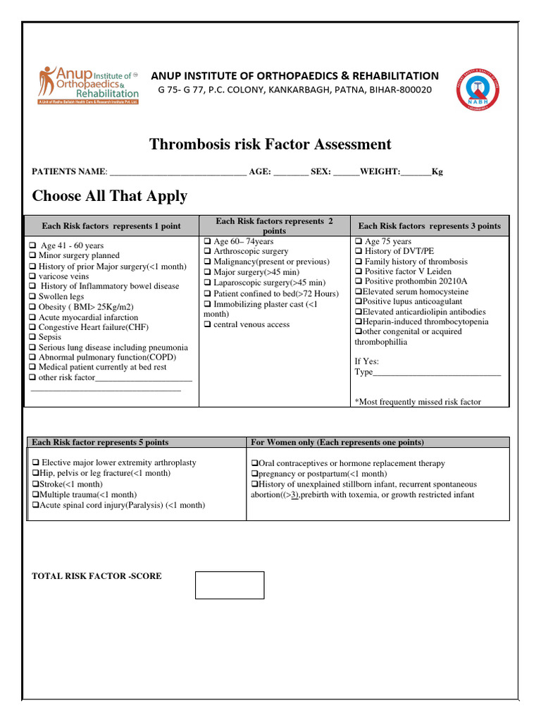 THROMBOSIS RISK FACTOR ASSESSMENT FORM | PDF | Thrombosis | Epidemiology