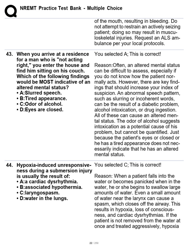 NREMT Practice Test Bank - 4q Multiple Choice-22 | PDF | Physiology ...