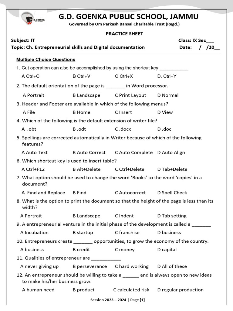 CLASS 9th REVISION SHEET Digital Documentation and Entrepreneurial Skills | PDF ...