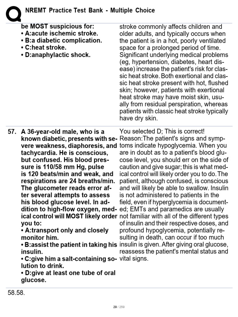 NREMT Practice Test: Diabetic Emergencies | PDF | Stroke | Hypoglycemia