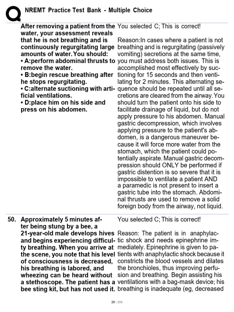 NREMT Practice Test Bank - 4q Multiple Choice-25 | PDF | Breathing ...