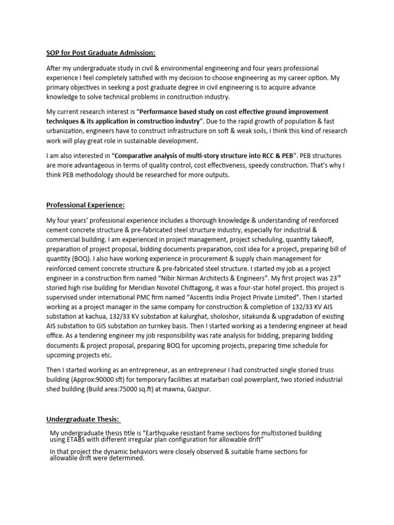 SOP for Post Graduate Admission | PDF | Engineering