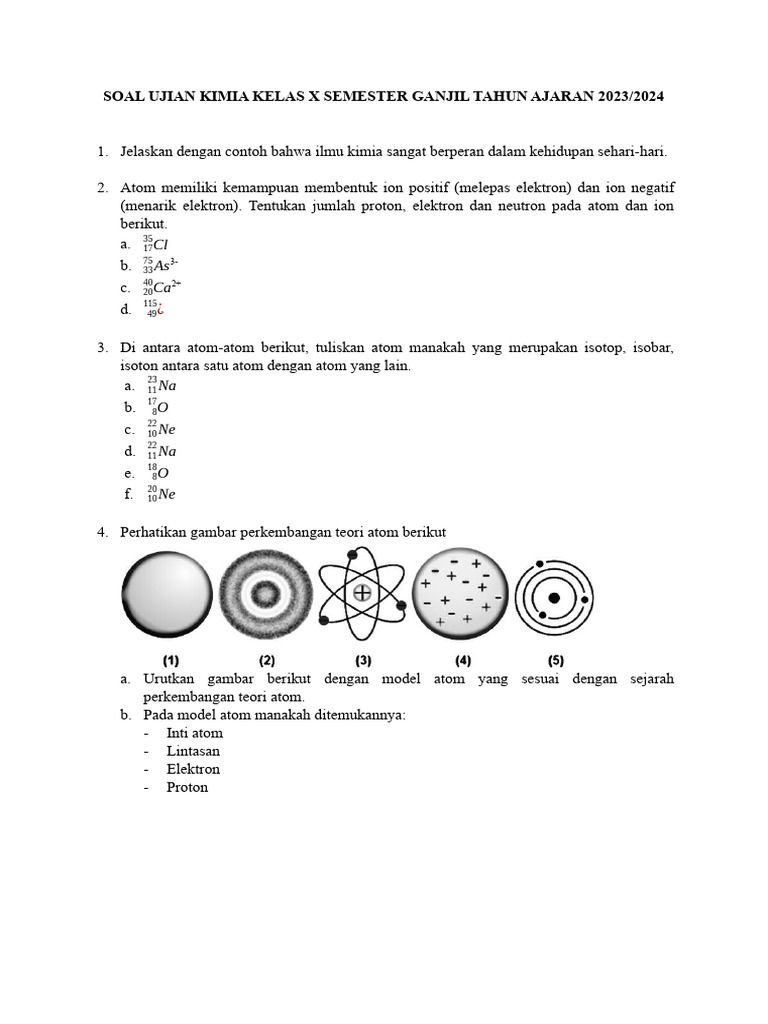 Soal Ujian Kimia Kelas X Semester Ganjil Tahun Ajaran 2023 | PDF | Metode & Bahan Ajar | Sains ...