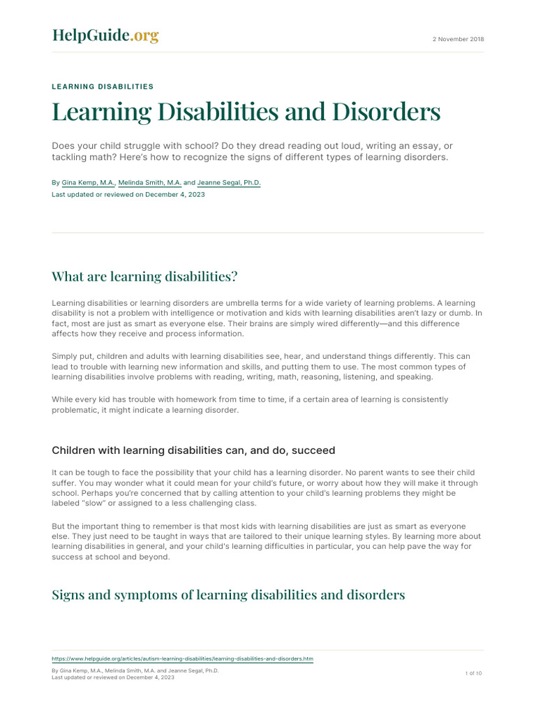 Learning Disabilities and Disorders | PDF | Learning Disability | Autism Spectrum