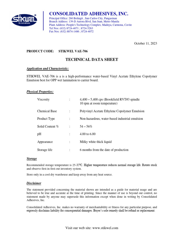 TDS - Stikwel VAE-706 | PDF | Home & Garden | Technology & Engineering