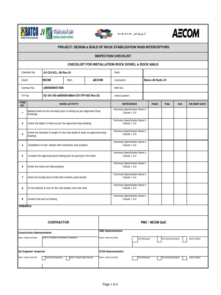 Rock Dowel Installation Checklist | PDF | Engineering