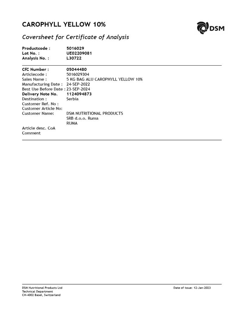 Certificate of Analysis: Carophyll Yellow 10% | PDF
