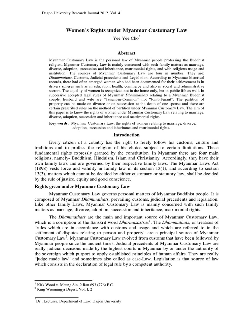 Women's Right Under Myanmar Customary Law-1 | PDF | Marriage | Wife