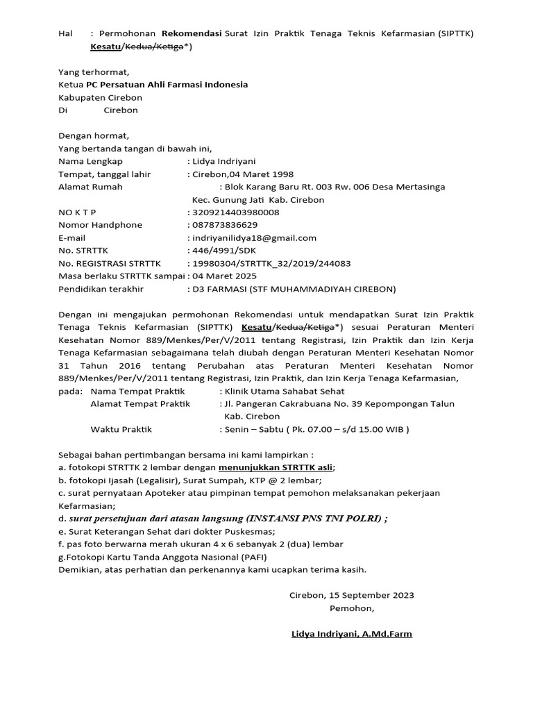 Permohonan Rekom Sipttk Lidya 1 Fix | PDF