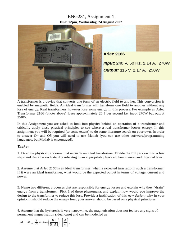 ENG231-Assignment 1 | PDF | Transformer | Electronic Engineering
