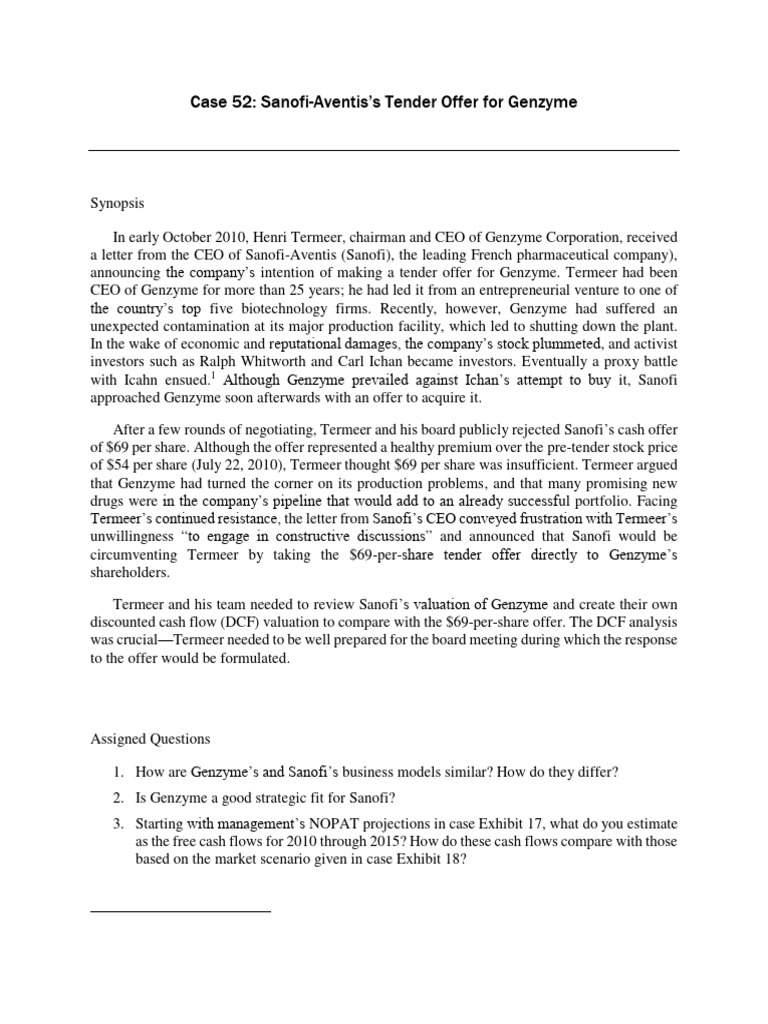 Sanofi-Aventis' Offer for Genzyme Analysis | PDF | Sanofi | Valuation ...