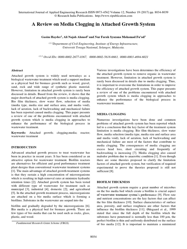 A Review On Media Clogging in Attached Growth System Ijaerv12n19 - 04 ...