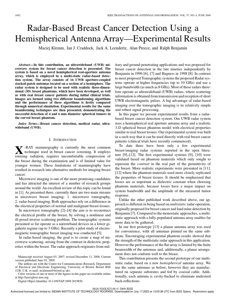 Radar Based Breast Cancer Detection Using A Hemispherical Antenna