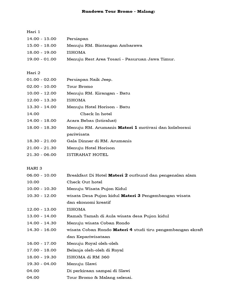 Rundown Study Tour ke Bromo | PDF | Perjalanan | Memasak, Makanan, & Anggur