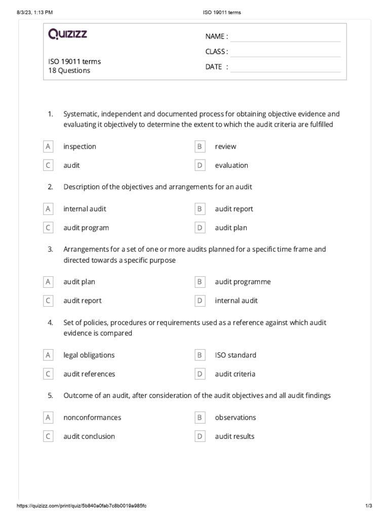ISO 19011 Terms Quiz | PDF | Audit | Auditor's Report