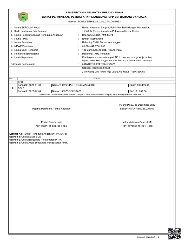 Pemerintah Kabupaten Pulang Pisau Surat Permintaan Pembayaran Langsung ...