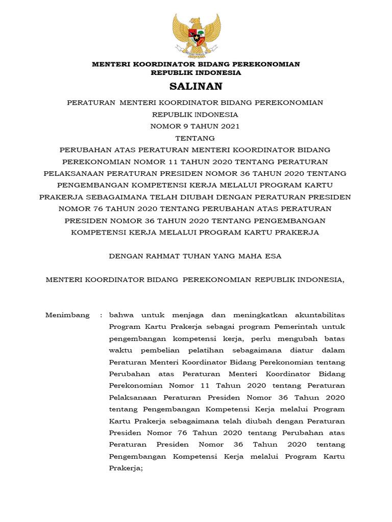 Permenko Perekonomian Nomor 9 Tahun 2021 | PDF