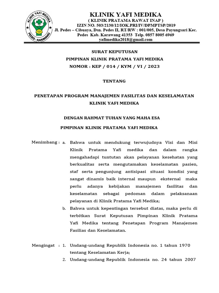 SK Penetapan Program Manajemen Fasilitas Dan Keselamatan MFK | PDF