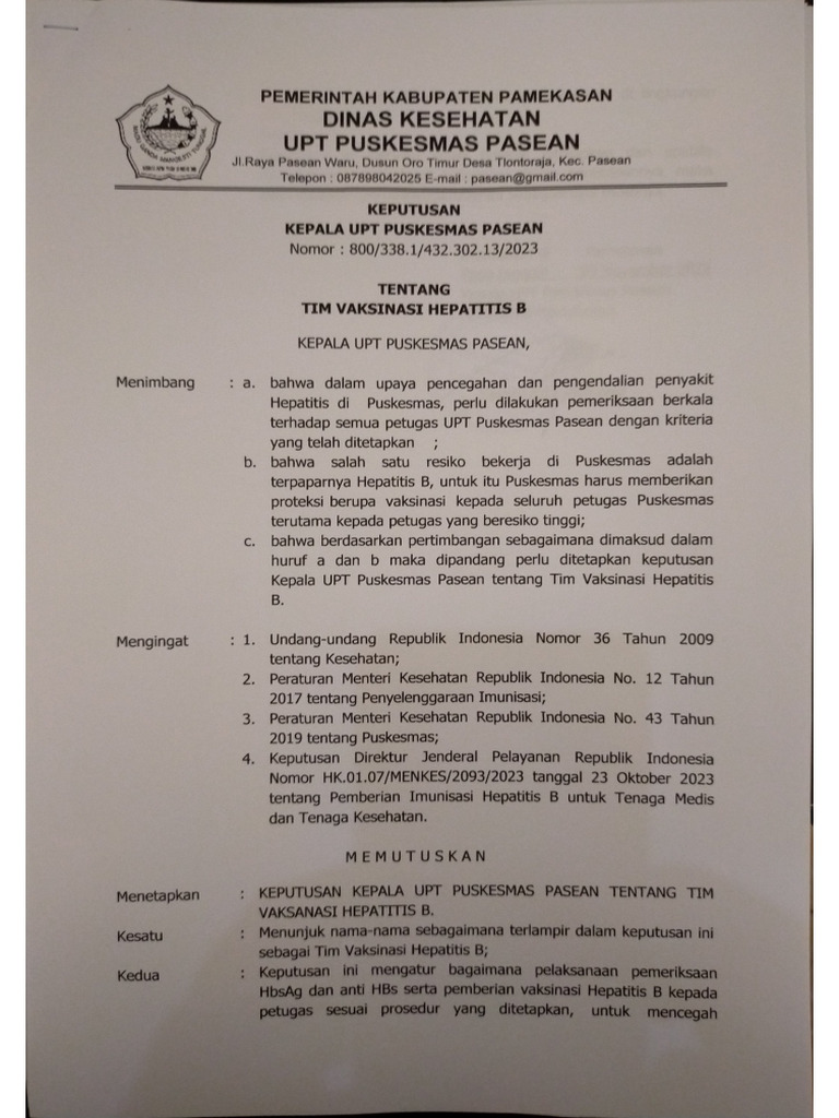 SK Tim Vaksinasi Hepatitis B UPT Puskesmas Pasean | PDF