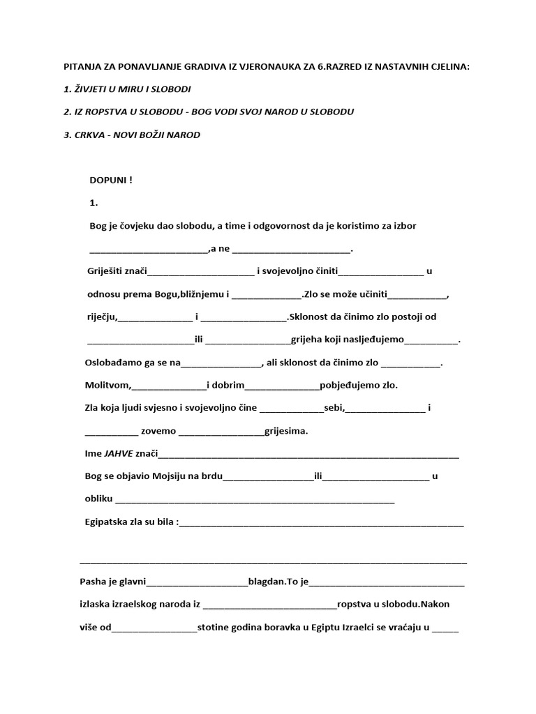 Pitanja Za Ponavljanje Gradiva Iz Vjeronauka Za 6. Razred | PDF
