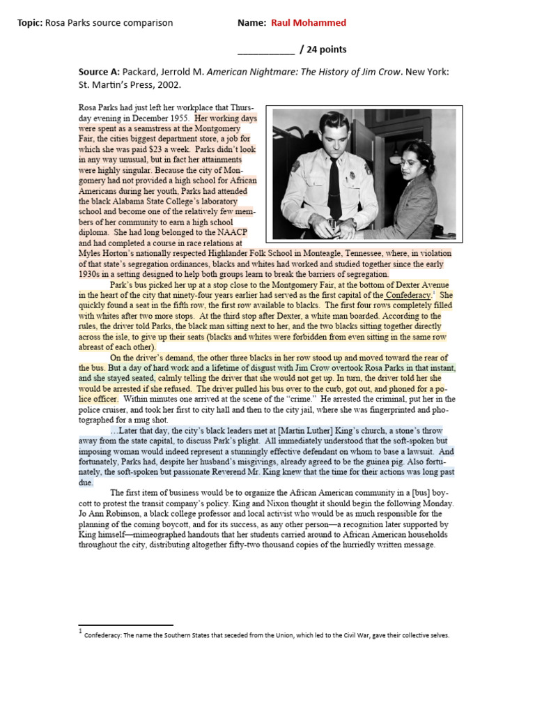 Rosa Parks Comparison | PDF | Rosa Parks | Society Of The United States