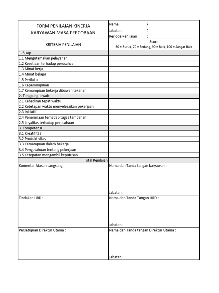 FORM PENILAIAN KINERJA KARYAWAN MASA PERCOBAAN 2.0 | PDF FORM PENILAIAN KINERJA KARYAWAN MASA PERCOBAAN 2.0 | PDF