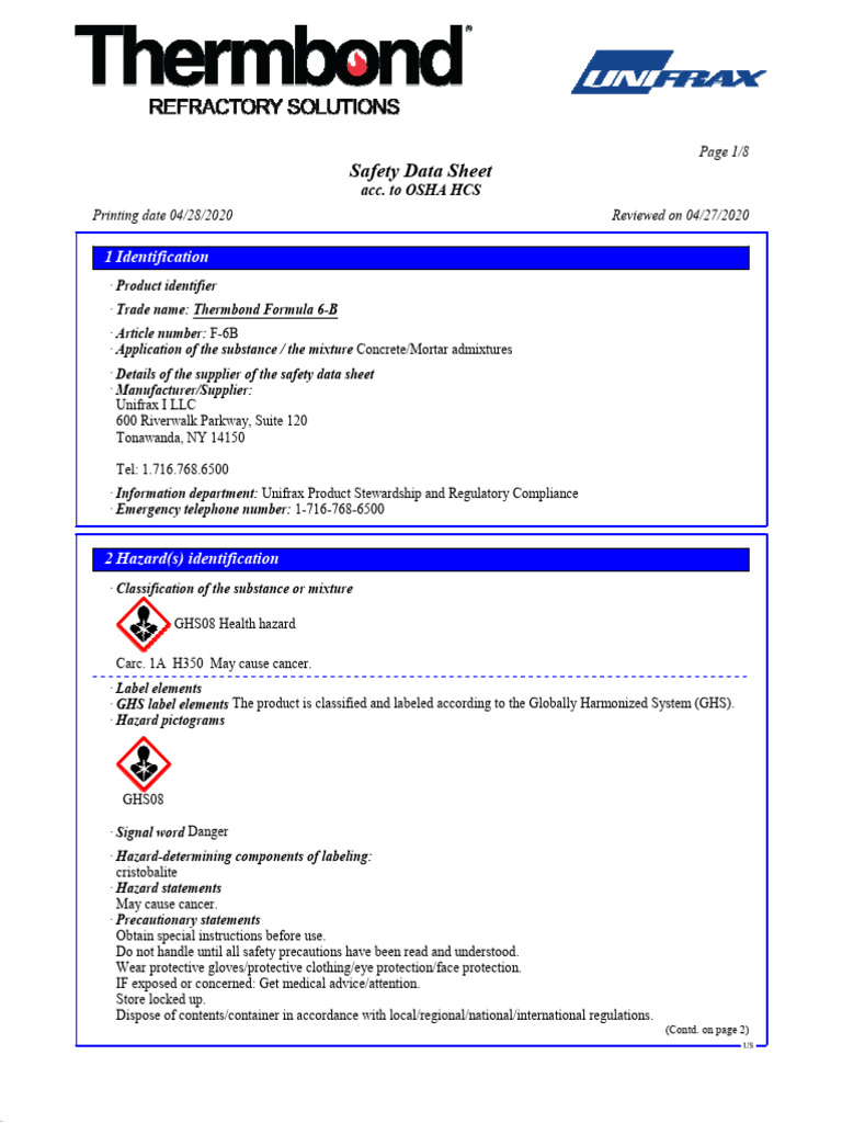 SDS (US) Thermbond Formula 6-B (EN) | Download Free PDF | Workplace | Physical Sciences